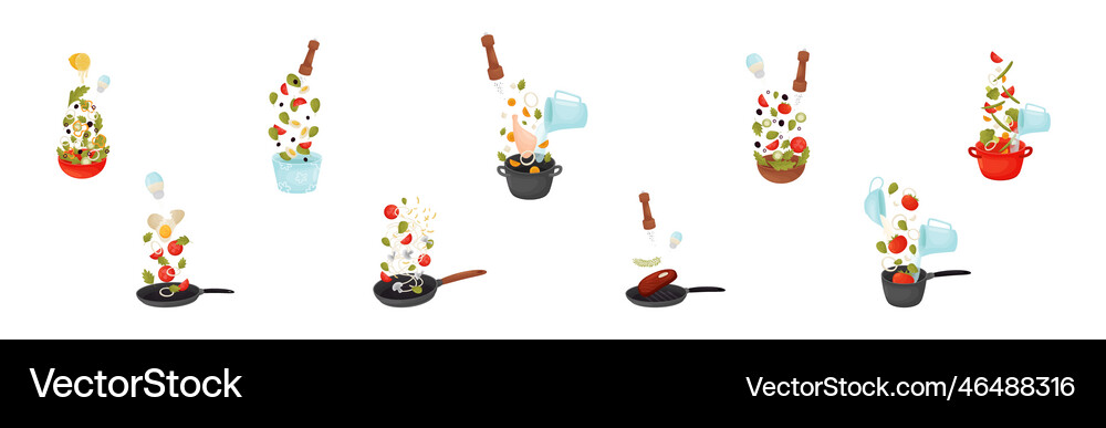 Food preparation with floating ingredients Vector Image