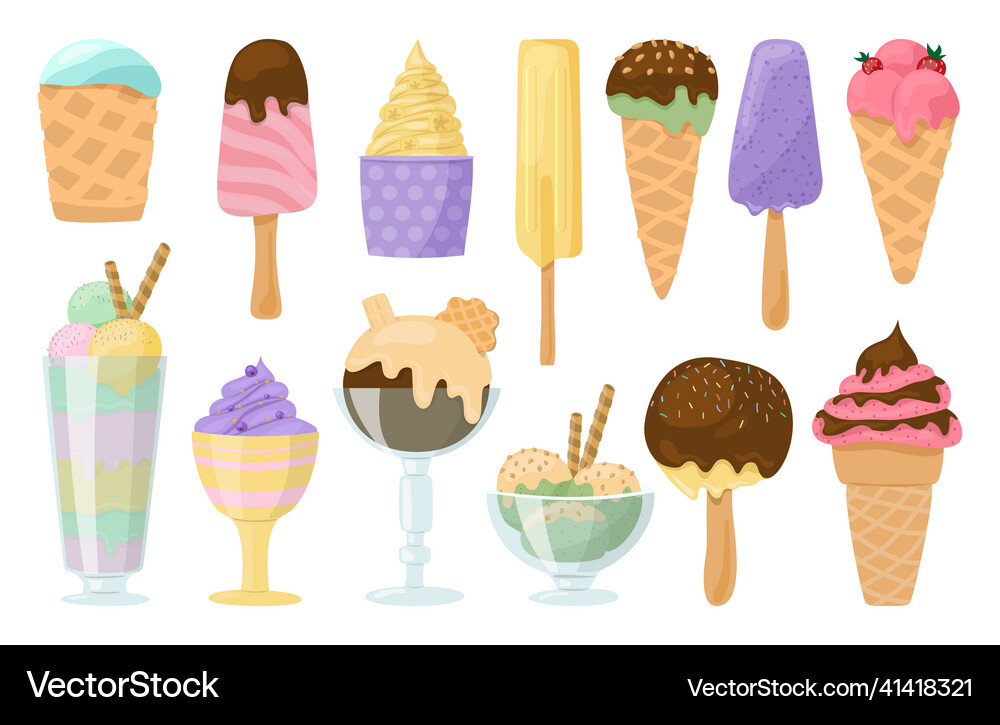 Ice cream various flavor topping shape cartoon set