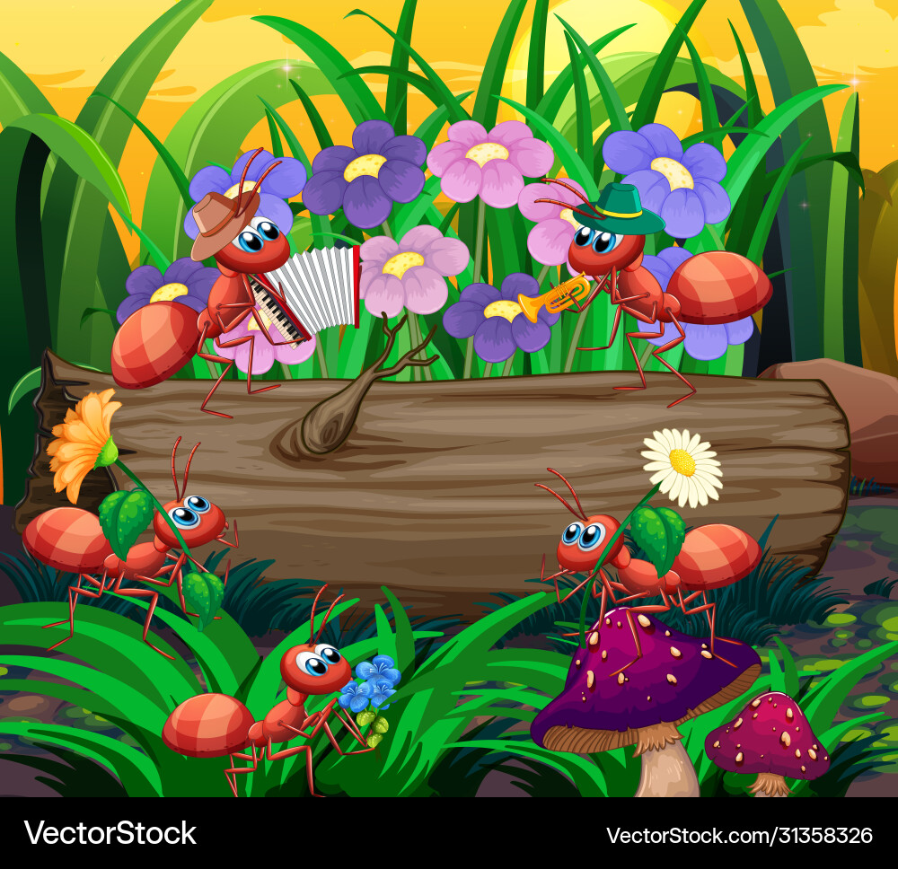 Ant musical band playing in forest Royalty Free Vector Image