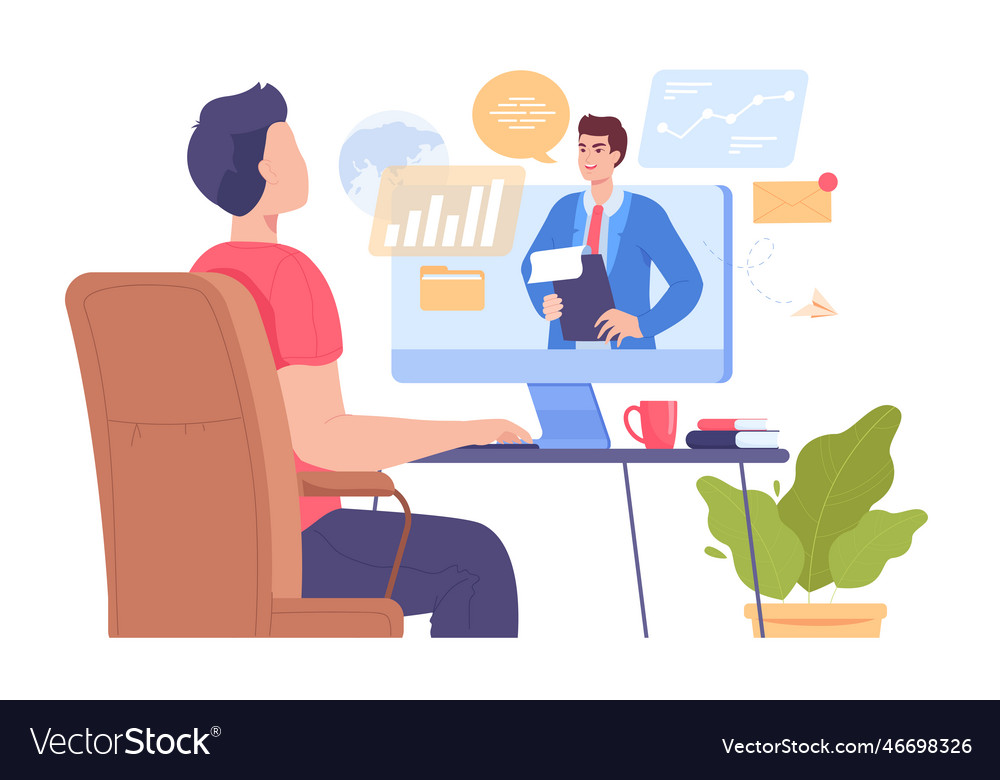 Back view of guy working or studying at computer Vector Image