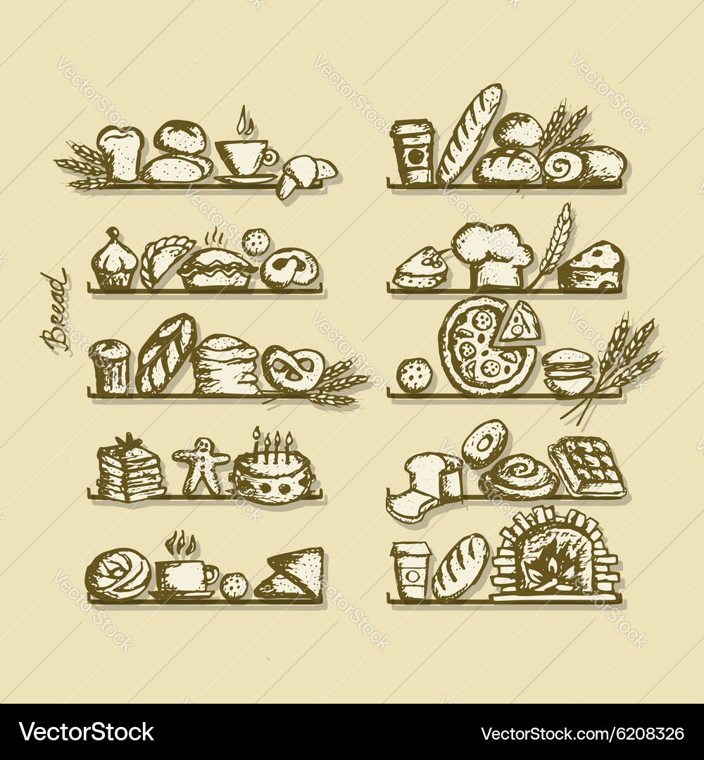 Bakery on shelves sketch for your design Vector Image