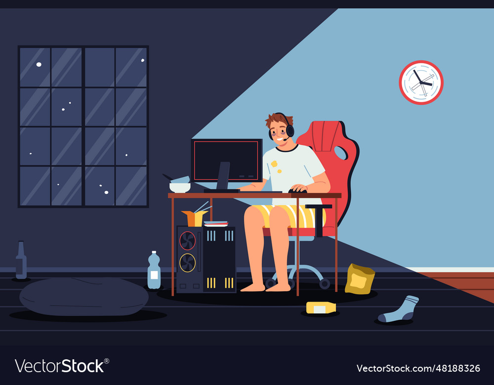 Night computer addict composition Royalty Free Vector Image
