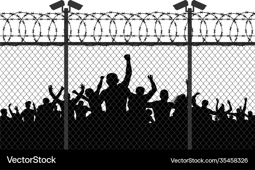 Riot Crowd Behind Barbed Wire Fence Royalty Free Vector