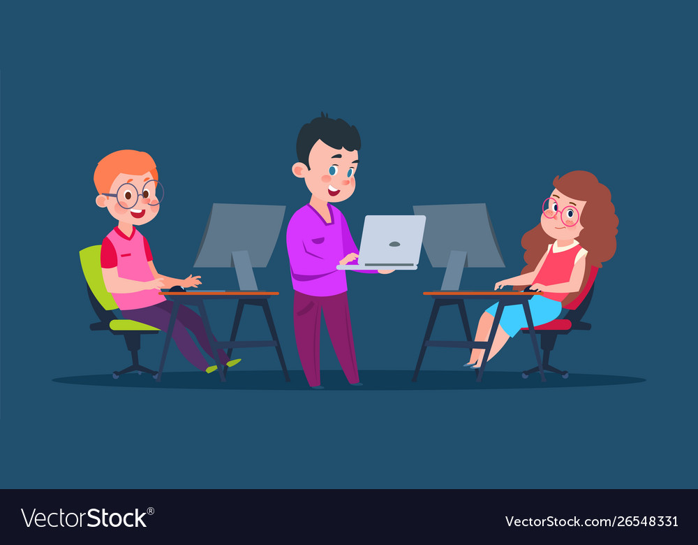 Kids coding at computers cartoon character Vector Image
