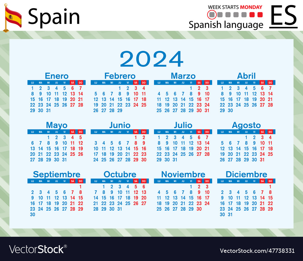 Spanish horizontal pocket calendar for 2024 week Vector Image