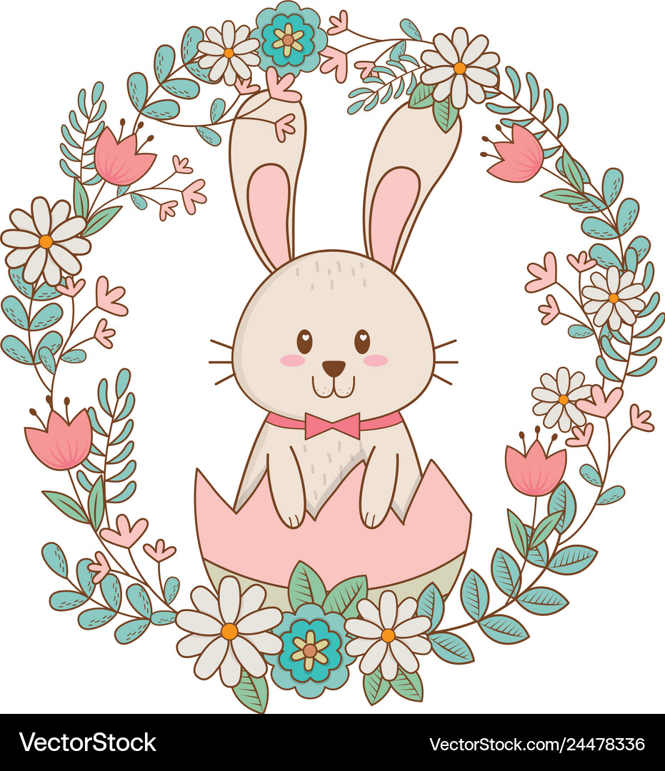 Little rabbit with egg painted and flowers Vector Image