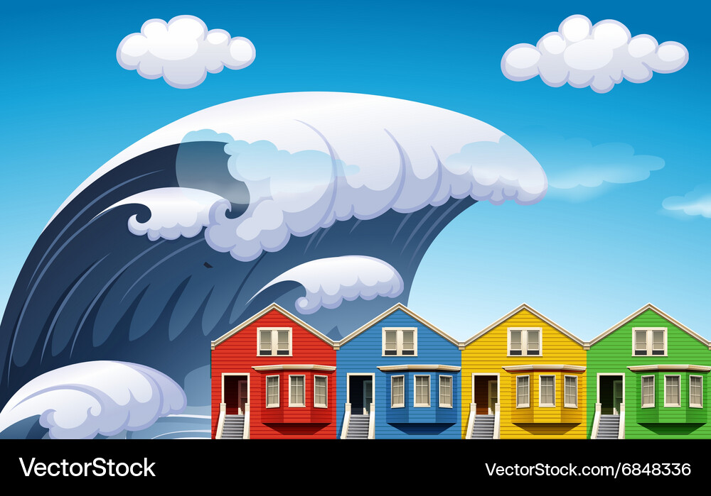 Tsunami with big waves over houses Royalty Free Vector Image