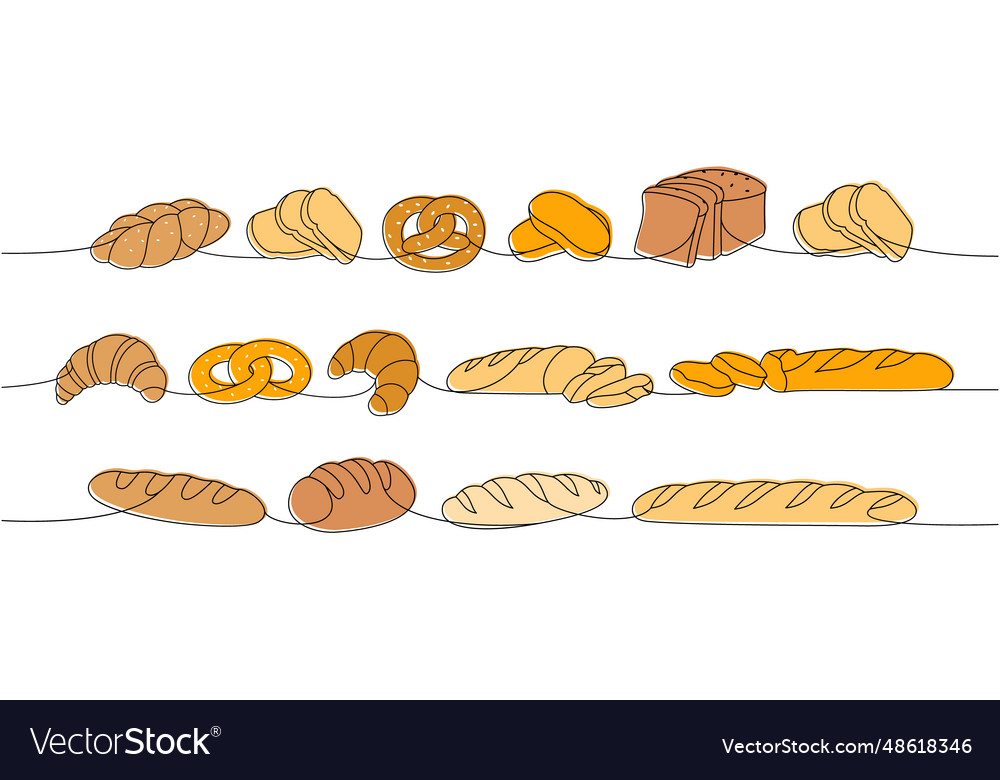 Fresh breads one line colored continuous drawing Vector Image Fresh breads one line colored continuous drawing Vector Image