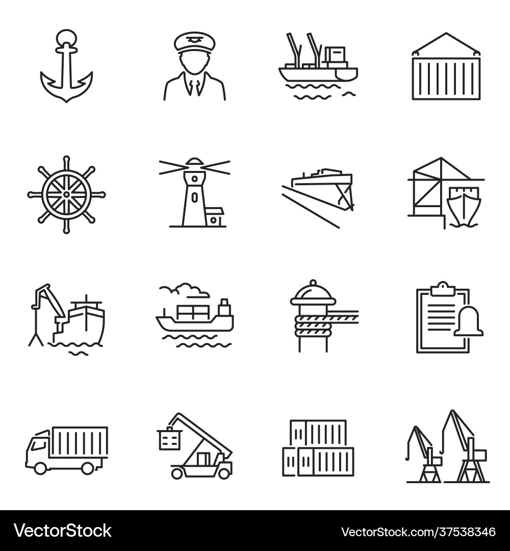 Monochrome simple sea port icon set Royalty Free Vector