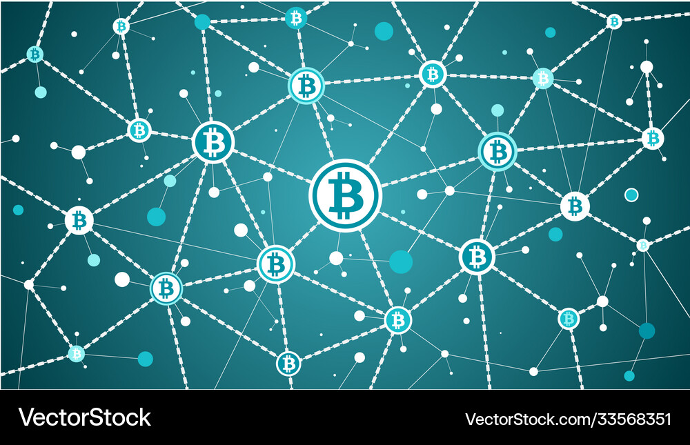 Bitcoin crypto currency and blockchain on blue Vector Image