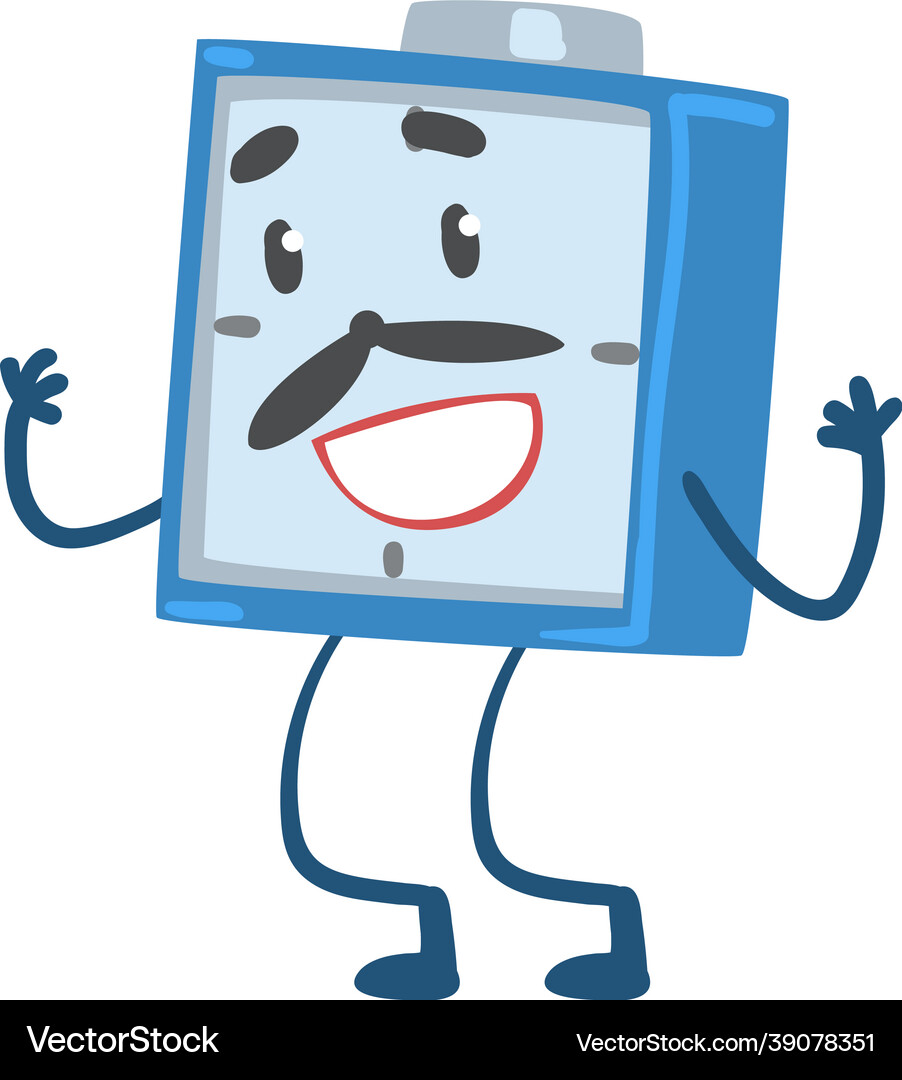 Blue alarm clock character standing and smiling Vector Image