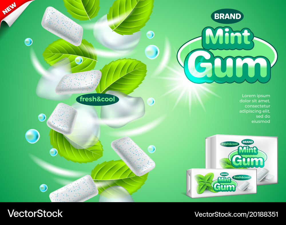 Gum ads falling mint leaves and ice cubes Vector Image