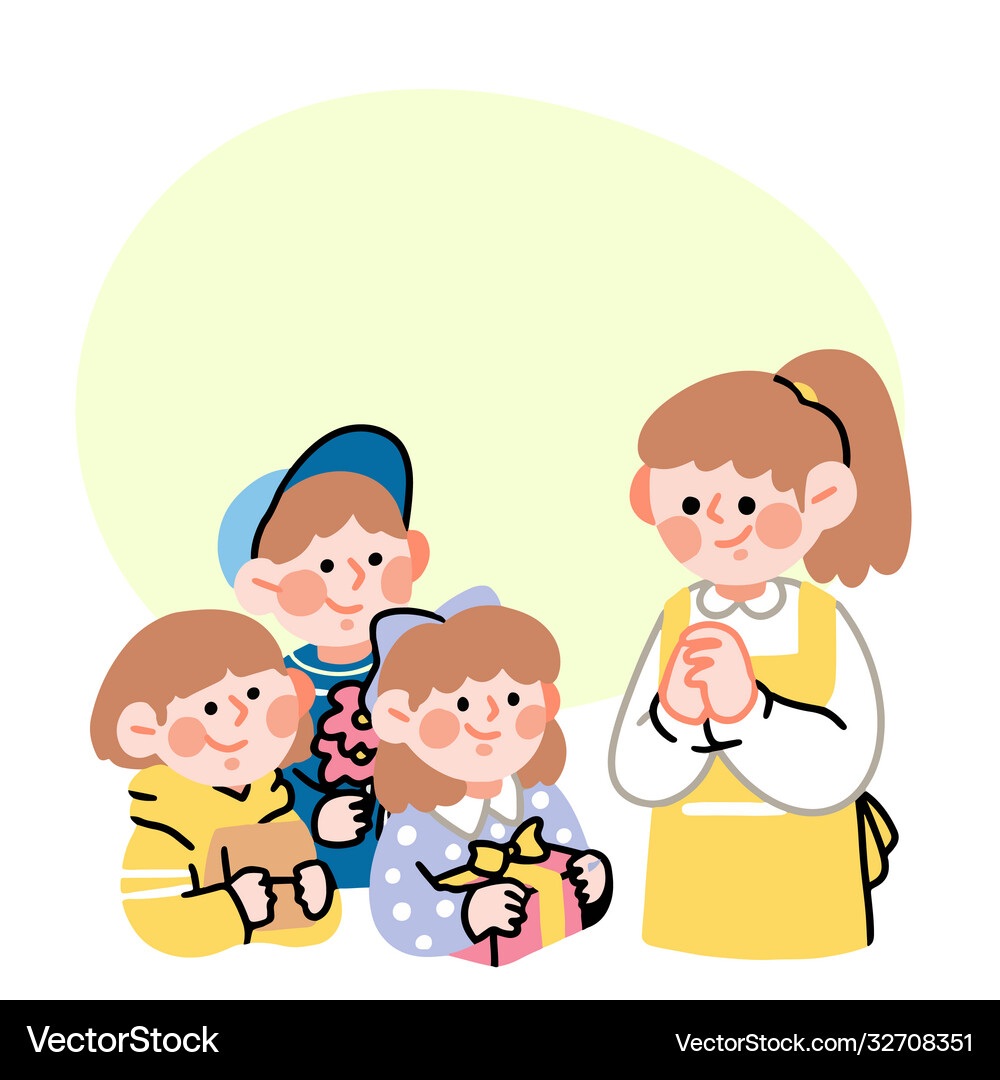 Happy Teacher Day Students Giving A Gift Present Vector Image