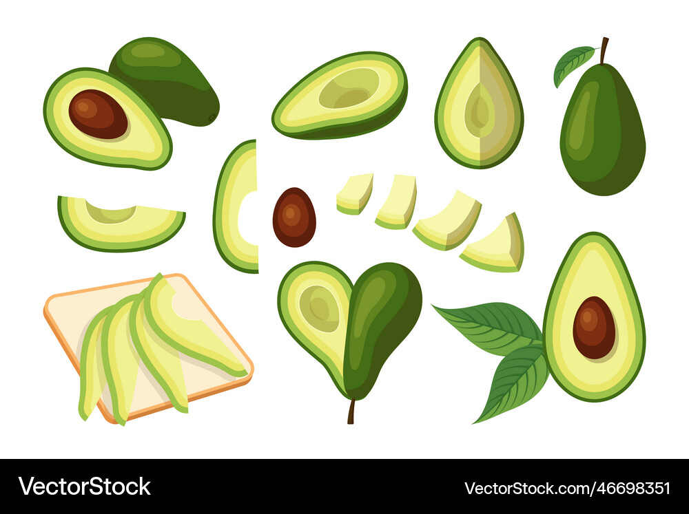 Sliced and whole avocado cartoon set Royalty Free Vector