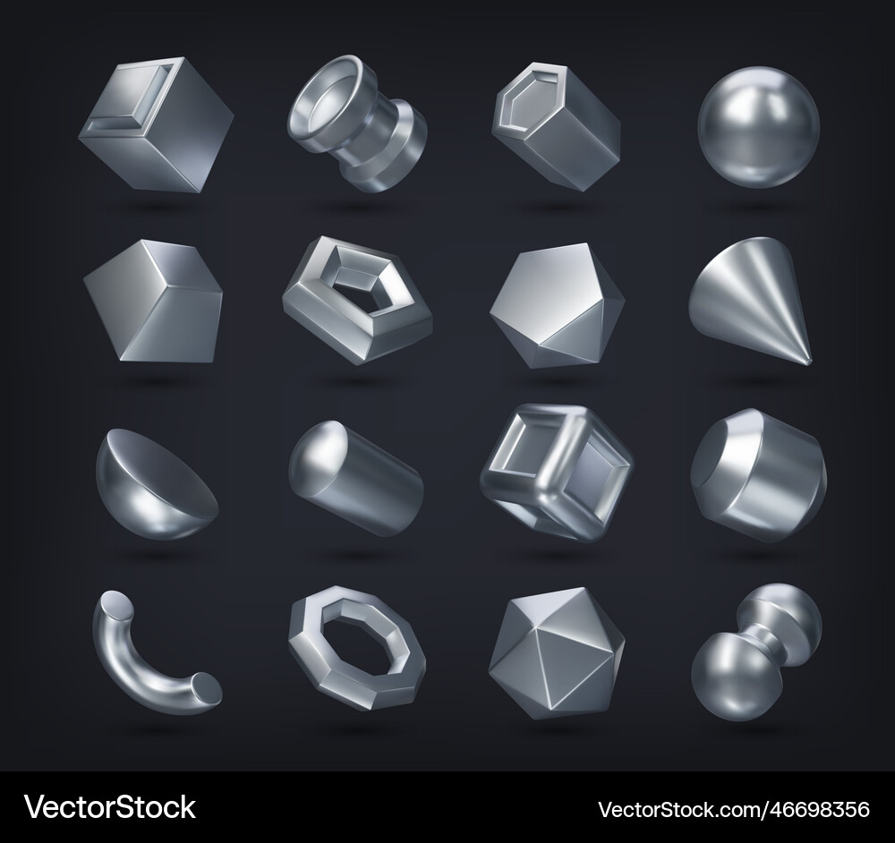 3d silver geometric shapes glossy metal figures Vector Image