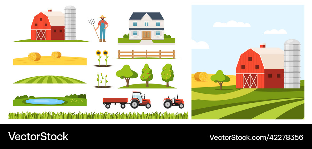 Rural Farm Scene with Machinery Royalty Free Vector Image