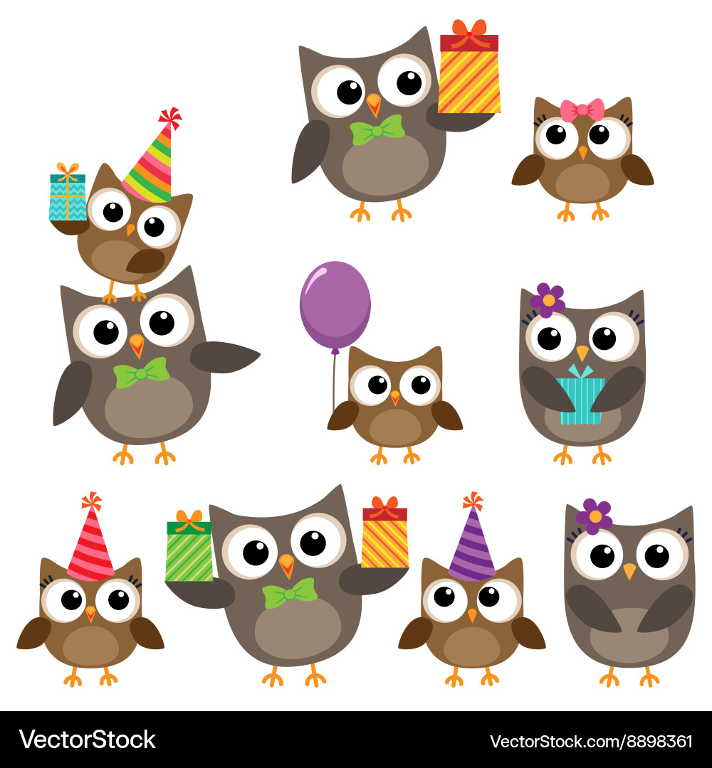 Birthday party elements with owls Royalty Free Vector Image