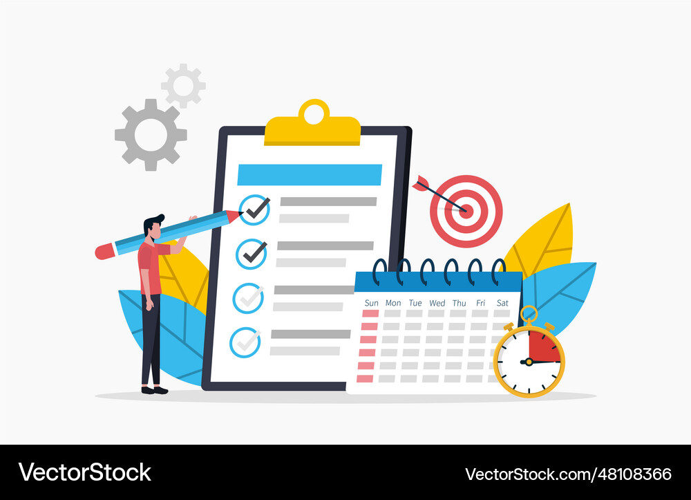 Businessman character mark checklist with pen Vector Image