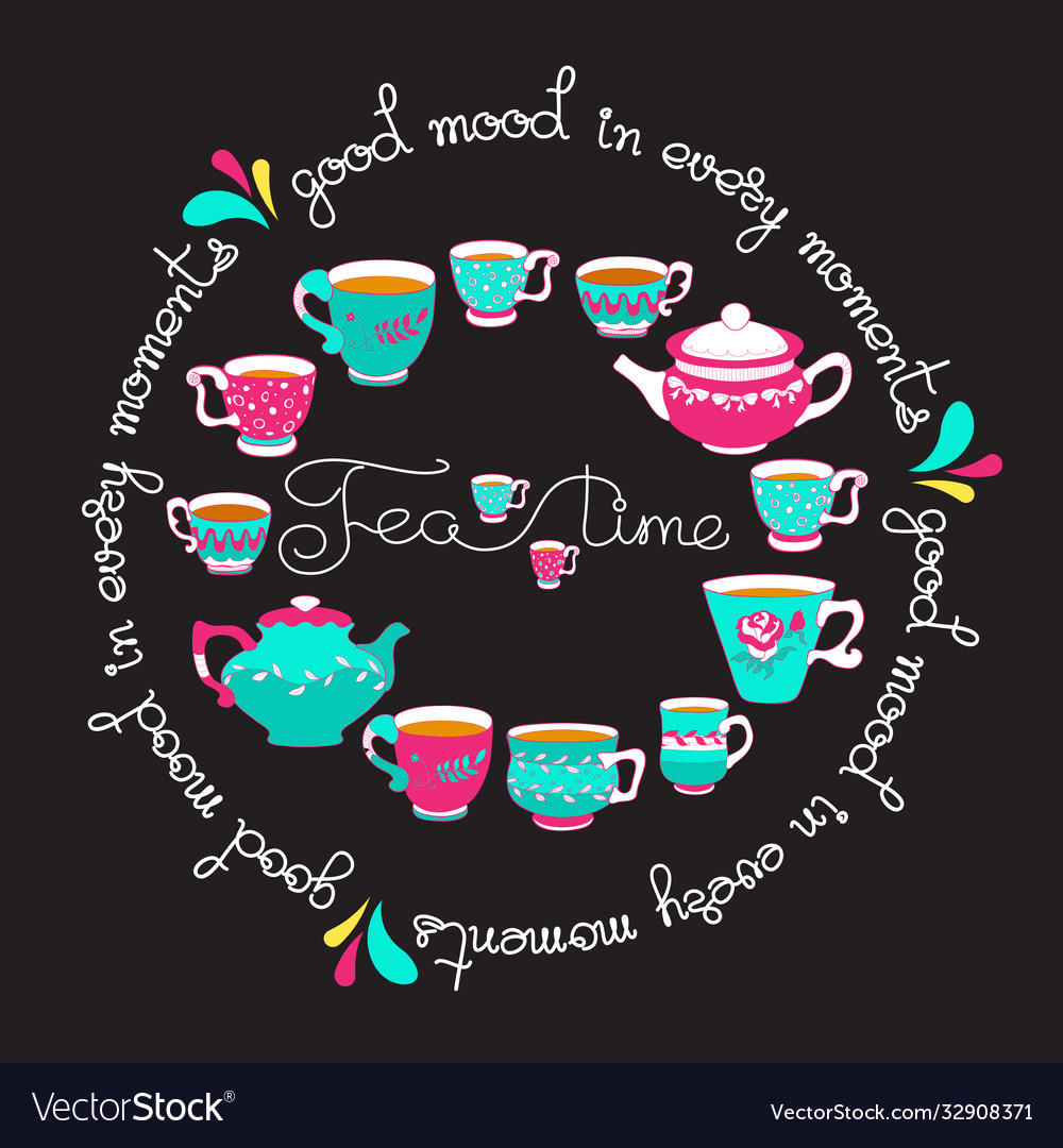 Tea time lettering with cups isolated on black Vector Image