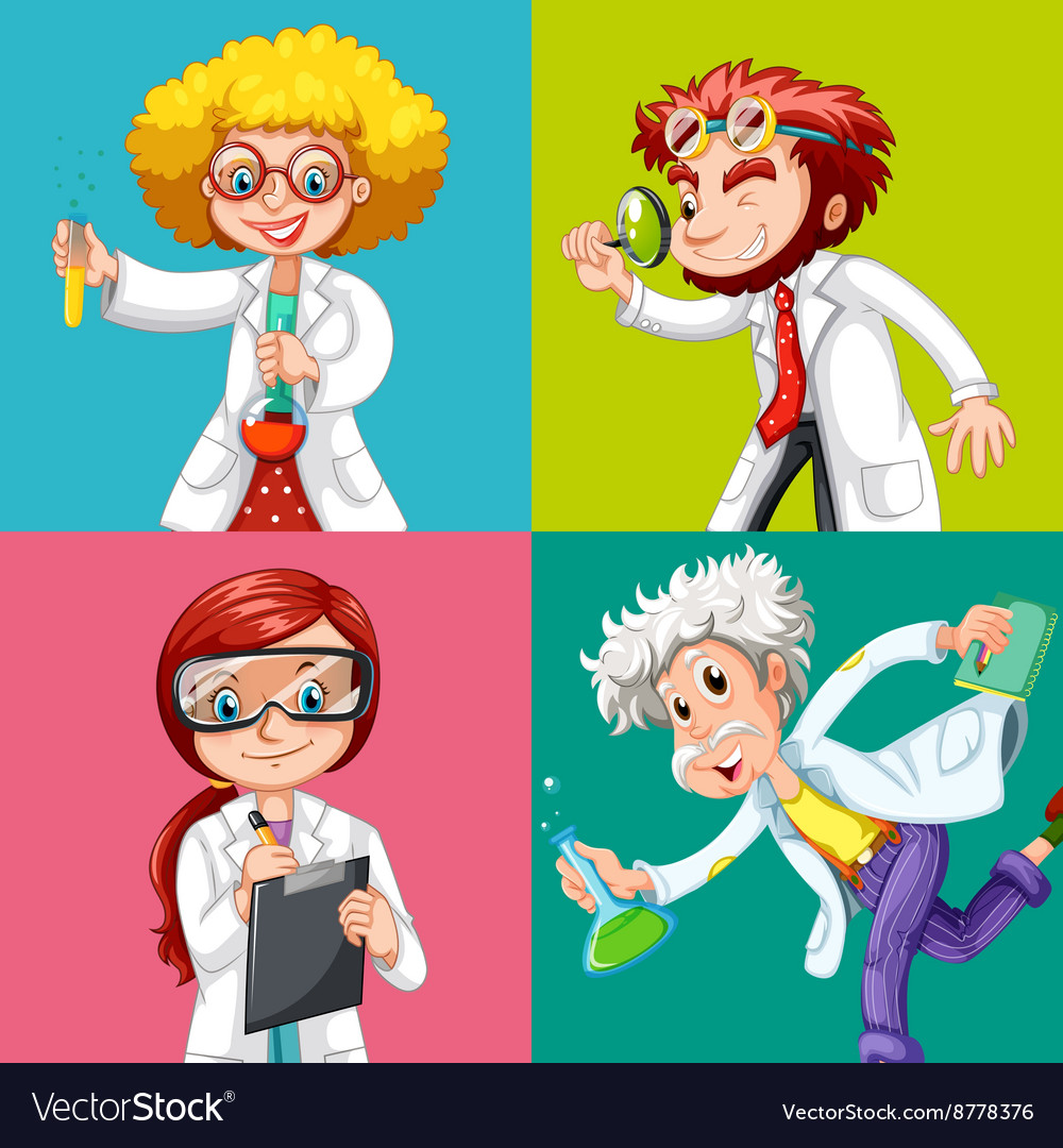 Four scientists doing experiments Royalty Free Vector Image