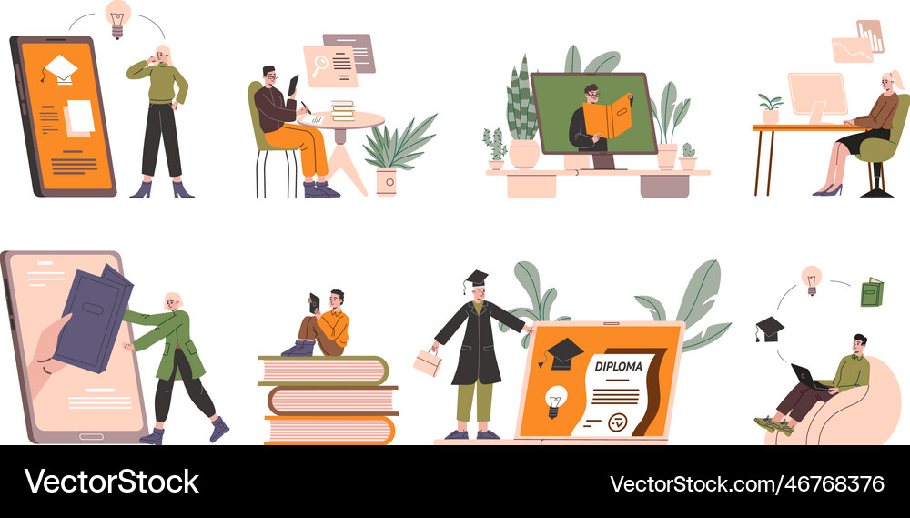 Online education scenes people study remotely Vector Image