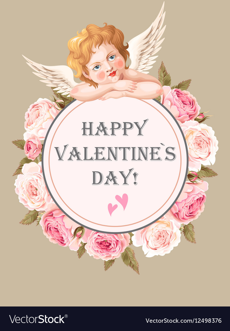 Valentines day card with roses and cupid Vector Image