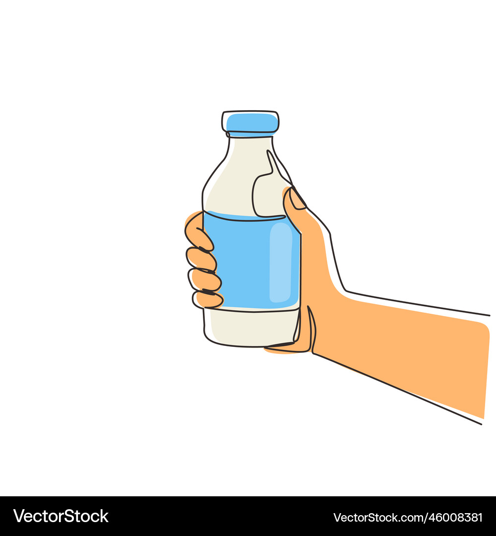 Single one line drawing hand holding fresh milk Vector Image