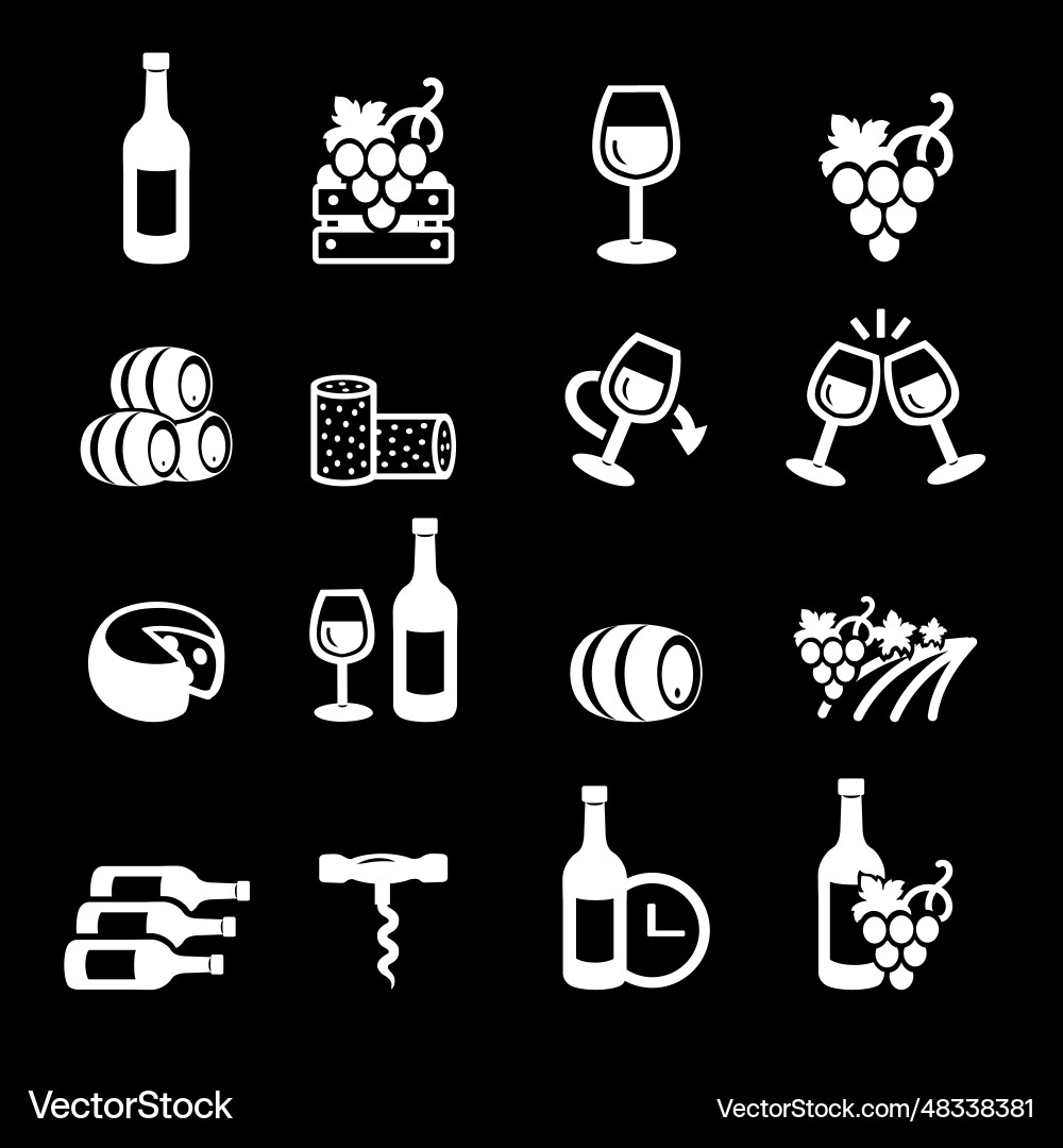Wine white icons on black background set winery Vector Image