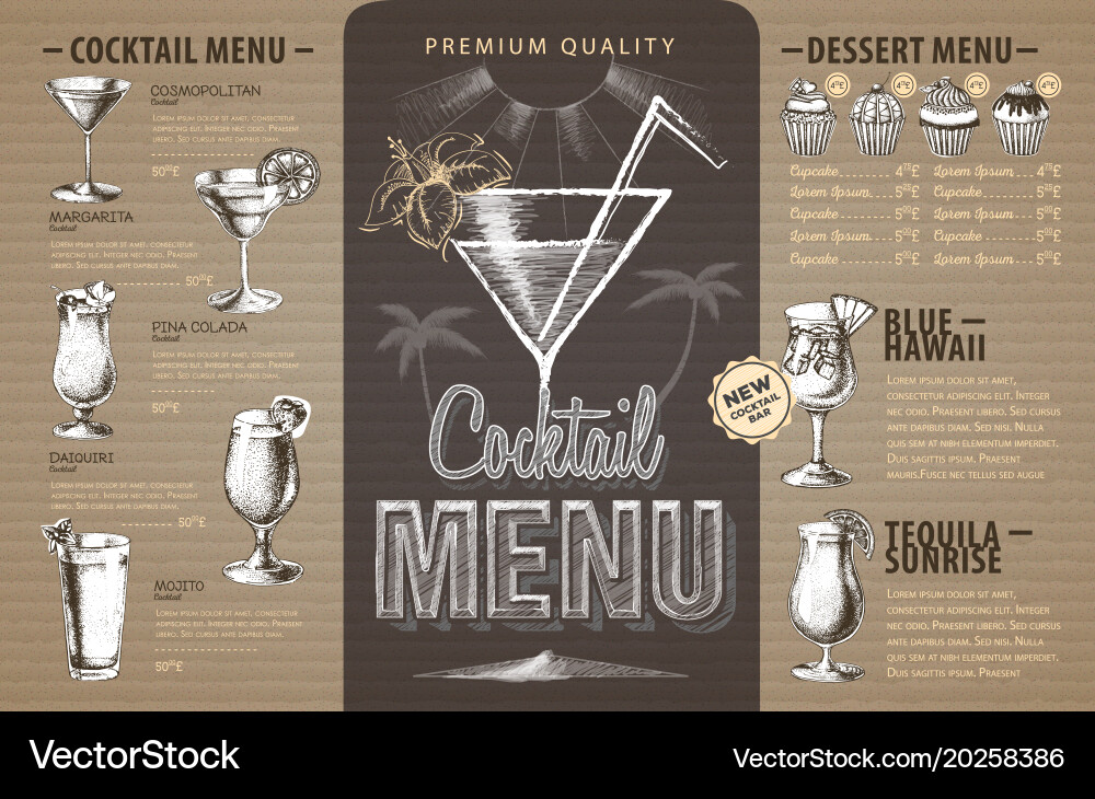 Vintage cocktail menu design on cardboard Vector Image