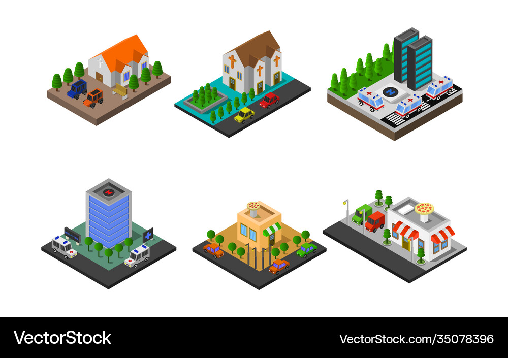 Set of isometric buildings Royalty Free Vector Image