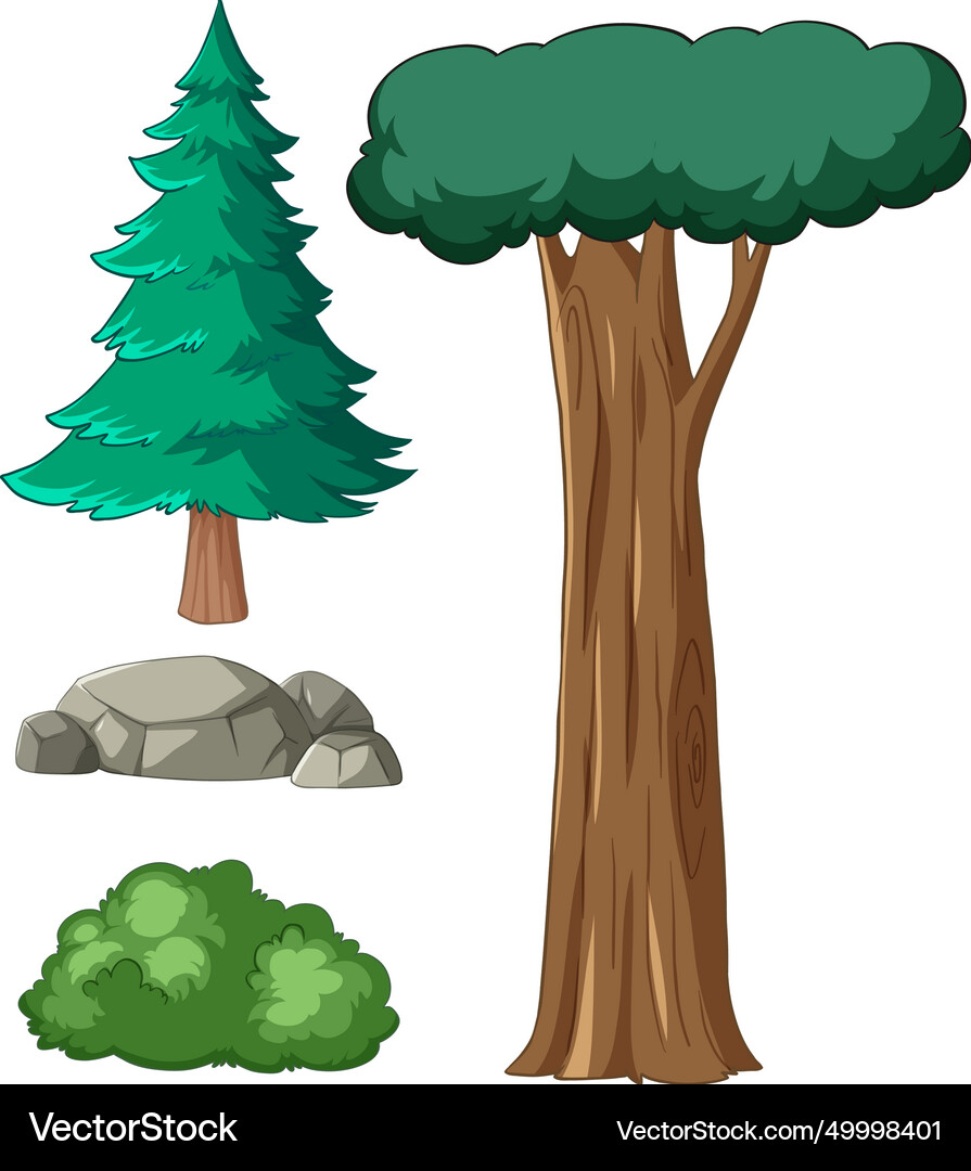 Cartoon trees bush and rocks on white background Vector Image