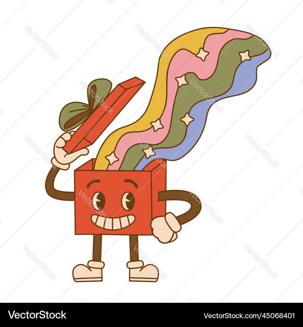 Comic character of a groovy gift box with rainbow Vector Image