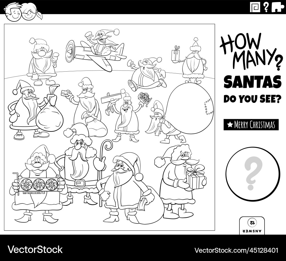 Counting cartoon santa clauses game coloring page Vector Image