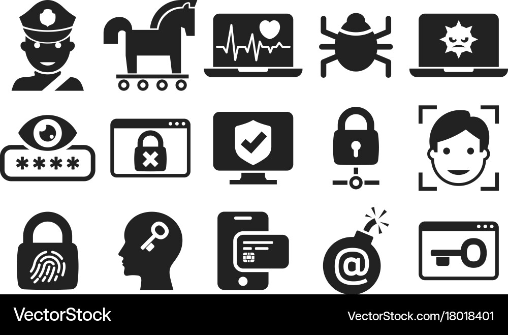 Cyber security and threat icons set 03 in bw Vector Image