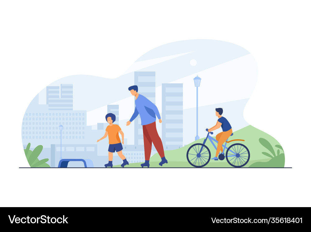 Happy kids and man rolling cycling Royalty Free Vector Image