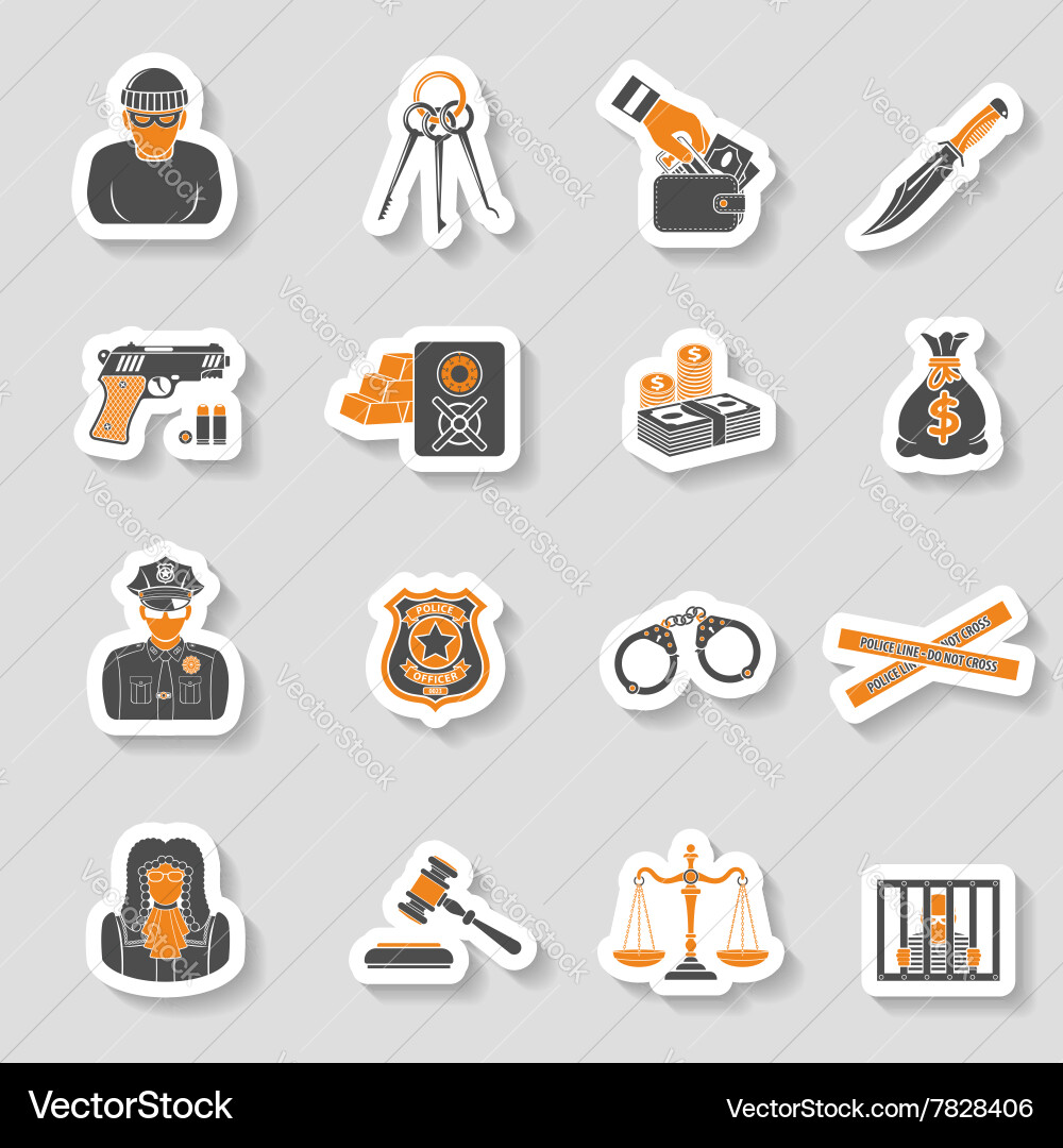 Crime and punishment icons sticker set Royalty Free Vector