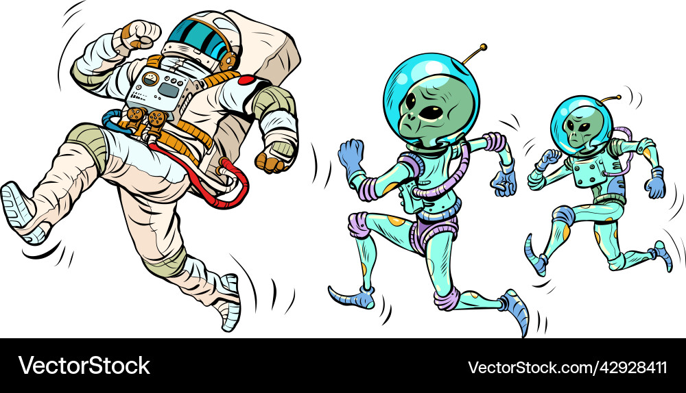 Aliens are chasing an astronaut kidnapping ufos Vector Image