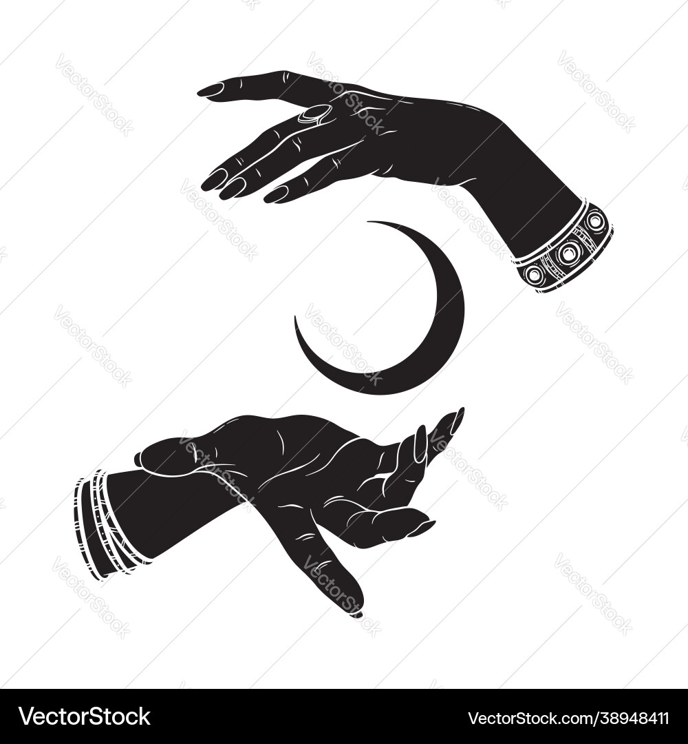Hand drawn female witch hands holding crescent Vector Image