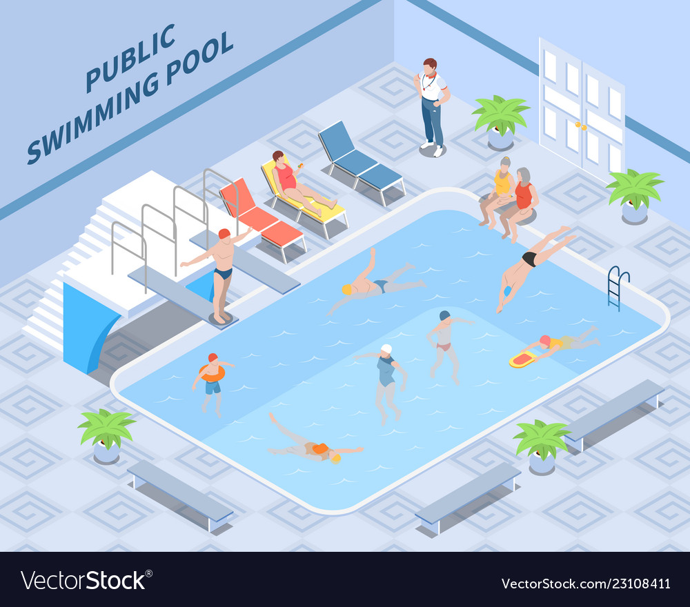 Public swimming pool isometric composition Vector Image