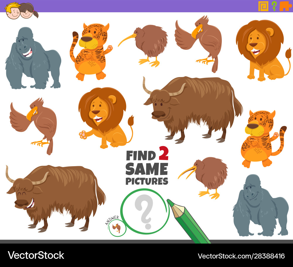 Find two same wild animal characters game for kids
