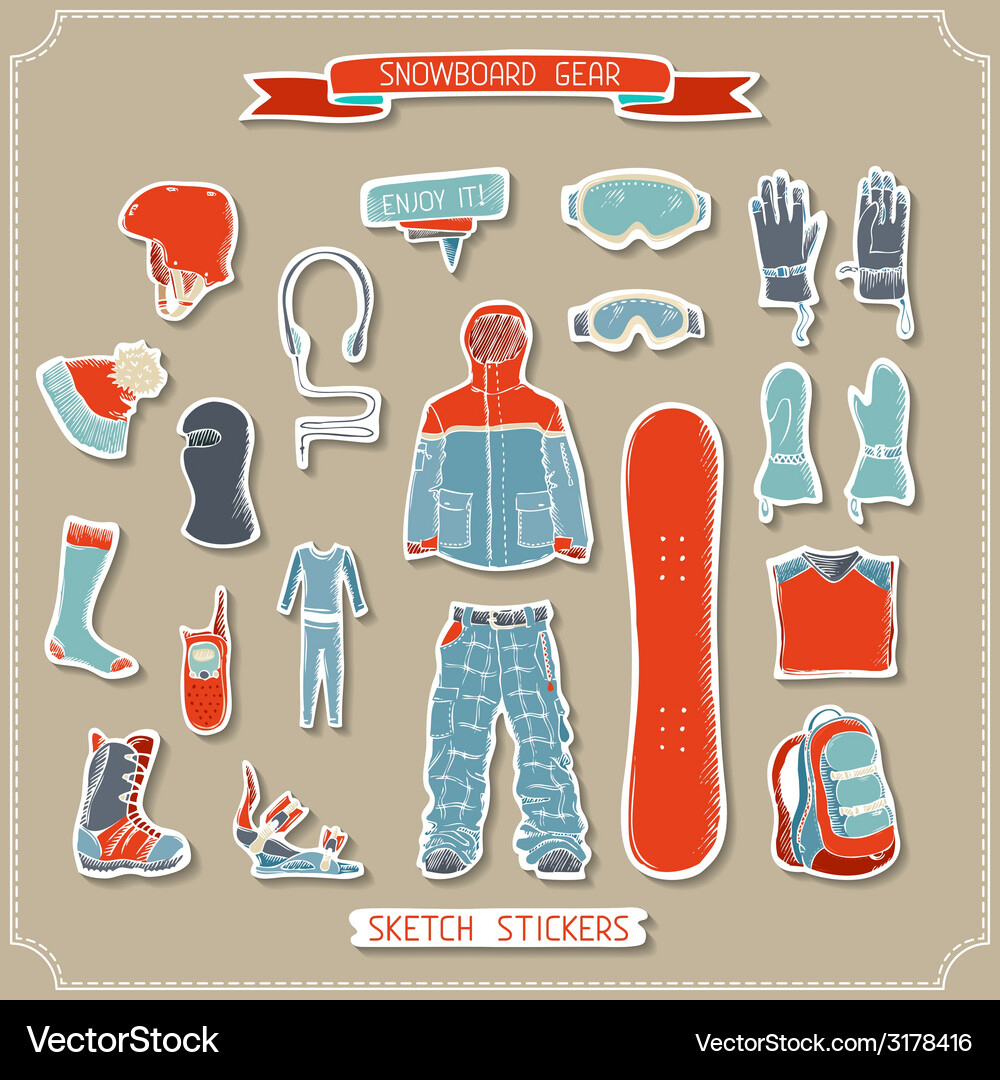 Set of paper snowboard gear design elements Vector Image