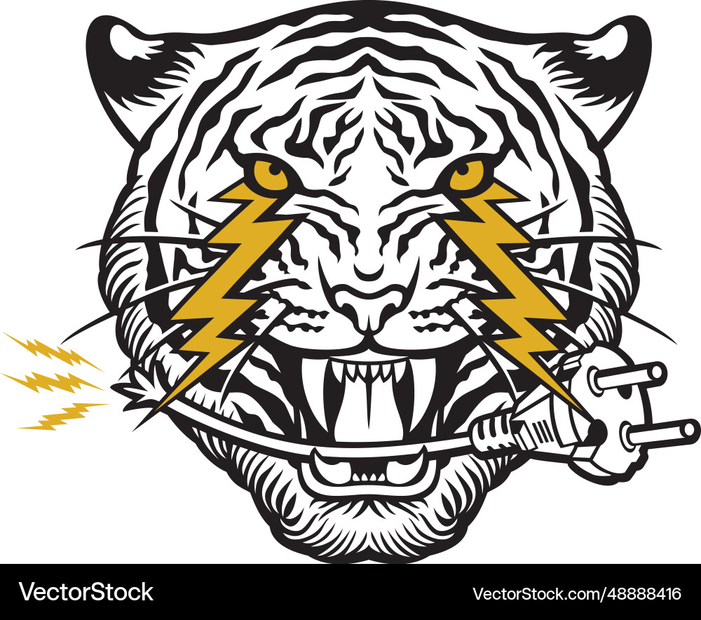 Tiger face with lightning bolts and power plug Vector Image