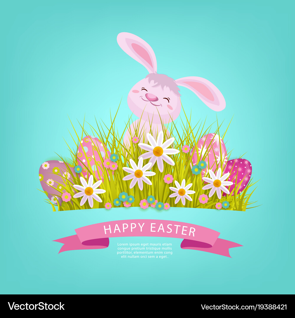Easter poster with rabbit with eggs flowers Vector Image