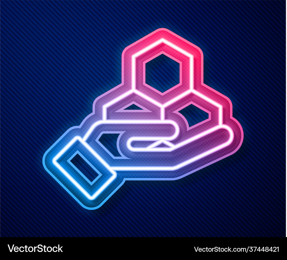 Glowing neon line honeycomb and hand icon isolated