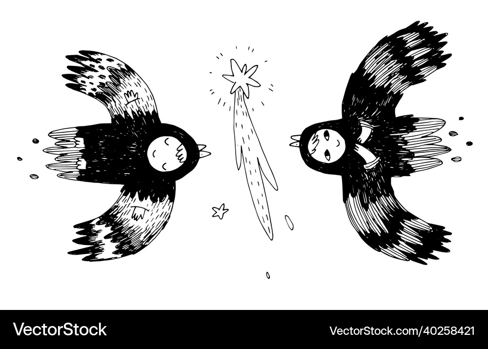 Two angel birds and a star hand drawing isolated Vector Image