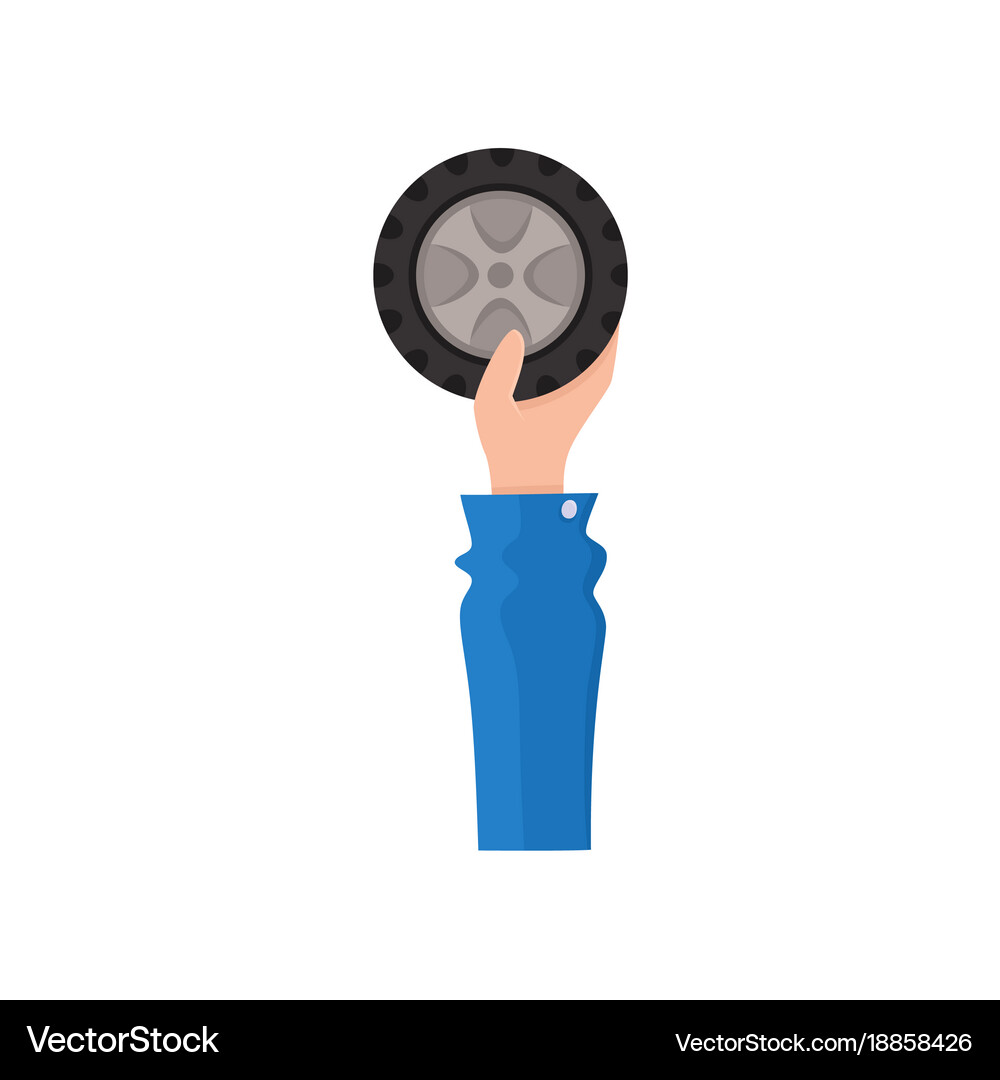 Hand holding car wheel flat style icon Royalty Free Vector