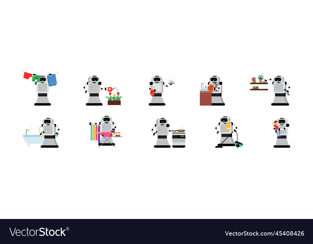 Robot doing housework cleaning and housekeeping Vector Image Robot doing housework cleaning and housekeeping Vector Image