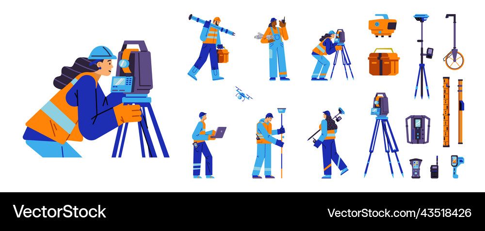 Surveyor characters and equipment set flat style Vector Image