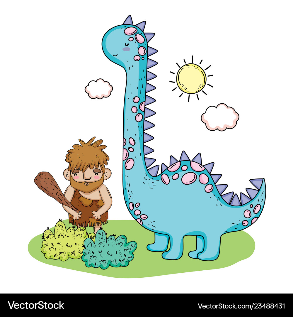 Primitive man with brontosaurus prehistoric animal