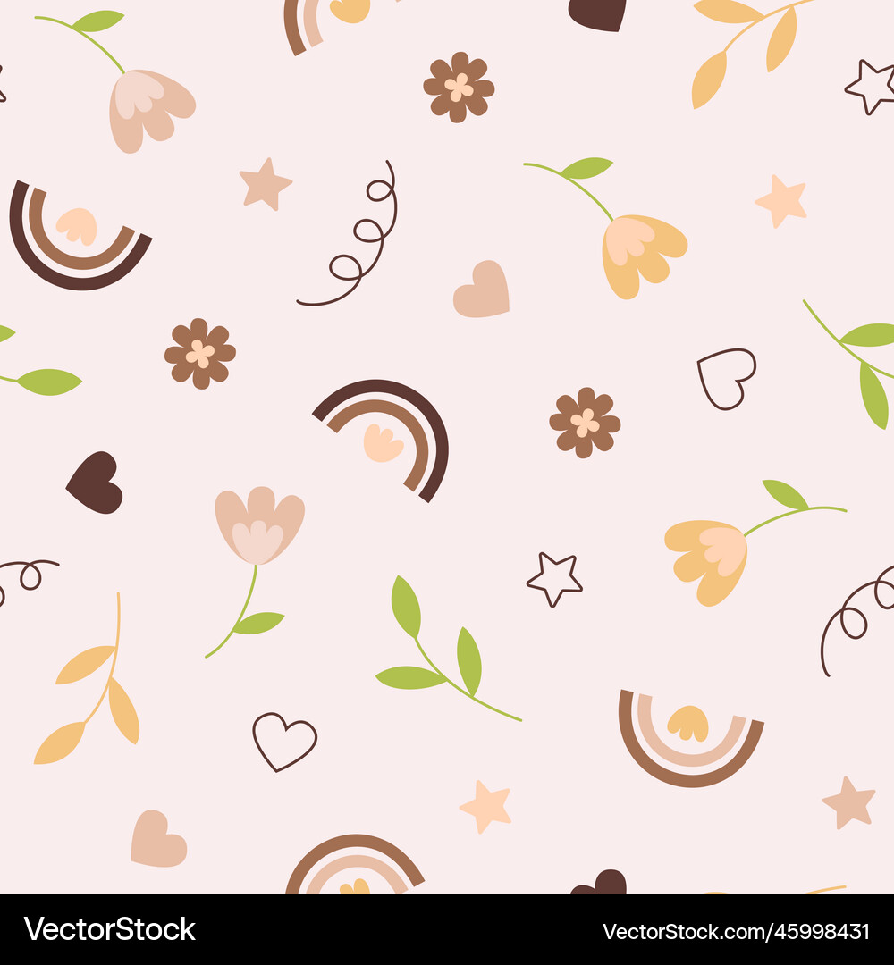 Seamless pattern with flowers stars leaves hearts Vector Image